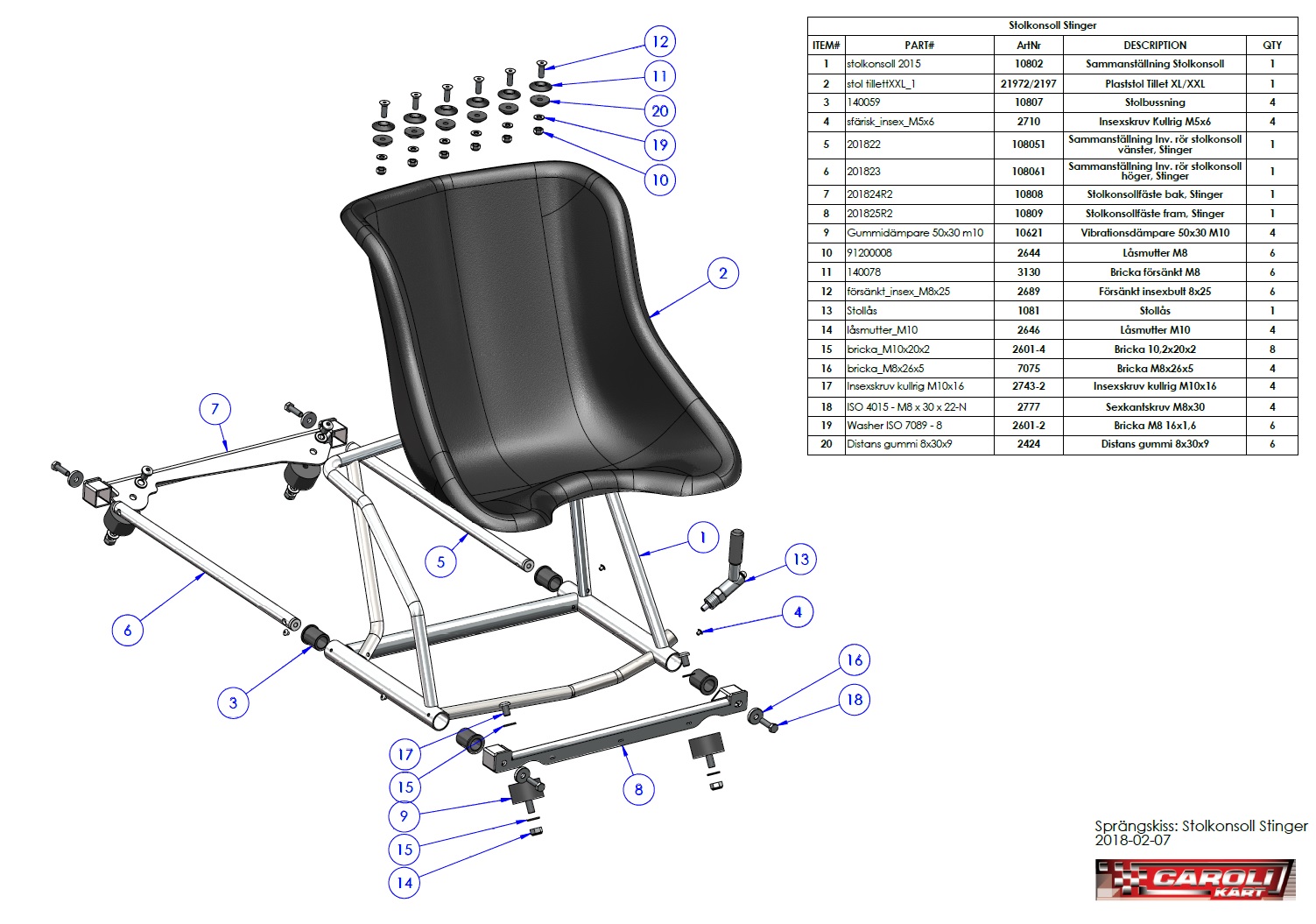 Exploded view – Seat console Stinger – Caroli Kart – Caroli Motor AB